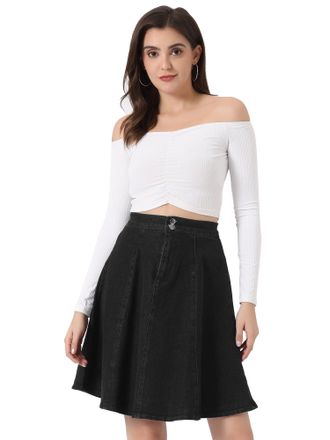 Allegra K Damen Jeansrock mit hoher Taille, A-Linie, ausgestellt, l&auml;ssig, Jeansrock, Schwarz, Gro&szlig;