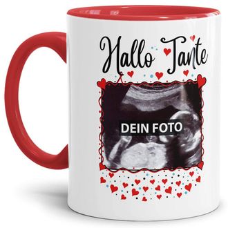 Tassendruck Tasse - Hallo Baby - mit EIGENEM Ultraschallbild zum SELBSTGESTALTEN f&uuml;r die Tante - Schwanger - Geschenkidee Familie - Erinnerung - Innen & Henkel Ro