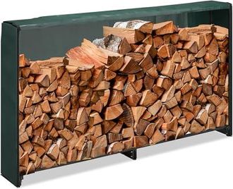 Relaxdays Kaminholzregal mit Abdeckung, f&uuml;r Holz ab 25 cm, Brennholzregal aus Eisen, HBT: 110x200x29 cm, schwarz/gr&uuml;n