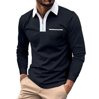 Generic Polo pour homme, t-shirt &agrave; manches longues &agrave; revers d&eacute;contract&eacute; avec poche, t-shirt de sport, fermeture &eacute;clair, t-shirt daffaires confortable et respi