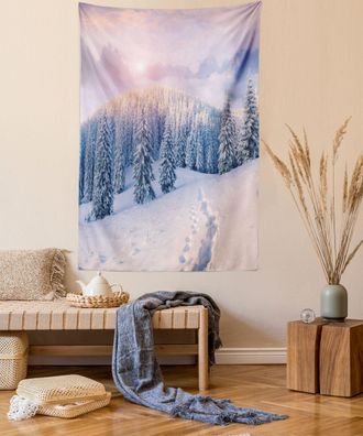 Abakuhaus Berg Wandteppich, Idyllische Wintermorgen aus Weiches Mikrofaser Stoff Waschbar ohne Verblassen Digitaldruck, 150 x 110 cm,Pale Pink Wei&szlig;