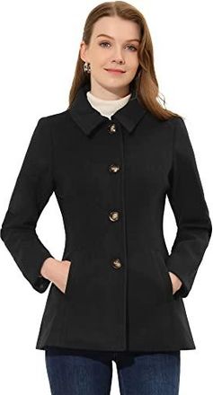 Allegra K Pardessus Femme Col Ponit Trench simple boutonnage Caban Noir XS