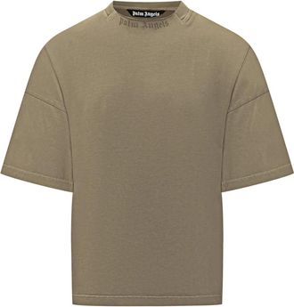 Palm Angels Homme, Tops, Vert, Taille: S T-shirt &agrave; col ample et logo incurv&eacute;