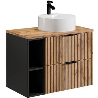 Vente-Unique Meuble de salle de bain suspendu stri&eacute; avec niches et vasque &agrave; poser ronde - Naturel clair - L80 cm - madela