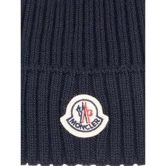 Moncler A9327 Ribbed Wool with Faux-Fur Pom-Pom Beanie - Blue
