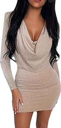 Generic Robe longue &agrave; col en V pour femme - Robe moulante &agrave; paillettes - Robe tube formelle pour femme, kaki, XXL