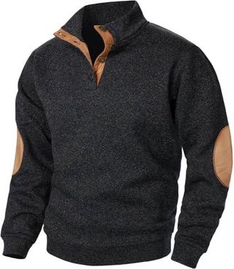 Generic Pull en tricot torsad&eacute; &agrave; col montant pour homme, pull &agrave; col montant 1/4 de bouton, sweat-shirt jacquard tricot&eacute; avec patch au coude, Noir, 3XL