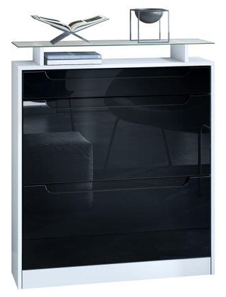 Vladon Schuhschrank Fiesta, Wei&szlig; matt/Schwarz Hochglanz/Schwarz Hochglanz Schuhkipper f&uuml;r 16 Paar Schuhe mit 2 Klappen (89 x 104 x 23 cm)
