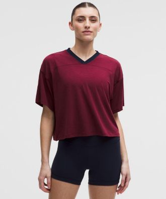 lululemon T-Shirt dentra&icirc;nement en jersey &agrave; col en V pour Femmes - Burgundy/Bleu - Taille XL