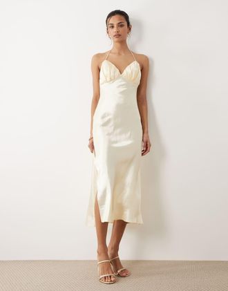 Mango Midi-Tr&auml;gerkleid aus Satin in Auster-Neutral