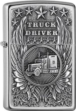Zippo Sturmfeuerzeug - Trucker, Satin Chrome, Emblem - Nachfüllbar - Wiederverwendbar - Windfestes Design - Geschenkbox - Made in USA