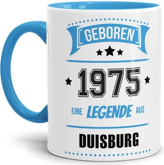 Tassendruck Geburtstags-Tasse Geboren 1975 Eine Legende aus Duisburg Innen & Henkel Hellblau/Geschenk/mit Spruch/Mug/Cup/Becher/Qualität Made in Germany