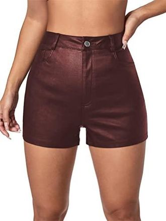 ORANDESIGNE Sexy Femme Short Simili Cuir Taille Haute D&eacute;contract&eacute; Ete PU Bermuda Pantalons Court Streetwear Hotpants avec Poches A Vin Rouge M
