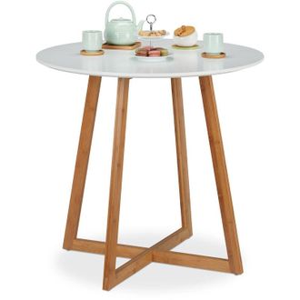 Relaxdays Relaxdays - Table dappoint ronde, table de salle &agrave; manger, cuisine, pieds bambou en croix, h x d 75 x 80 cm, blanc/nature