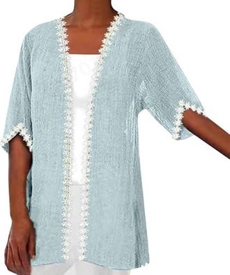 Generic Cardigan d&eacute;t&eacute; &agrave; manches 3/4 en lin pour femme - Cardigan long d&eacute;t&eacute; l&eacute;ger pour femme - Chemises blanches boh&egrave;me baggy chemises de vacances chemisiers t