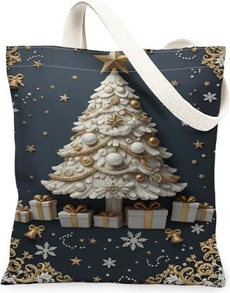 Generic Sac fourre-tout vintage &eacute;l&eacute;gant en toile motif sapin de No&euml;l, sacs d&eacute;picerie r&eacute;utilisables pour voyage, plage, pique-nique, noir fonc&eacute;, 13x15 Inch