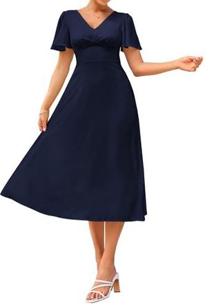 Grace Karin Robe &eacute;vas&eacute;e &agrave; manches courtes et col en V pour femme Dos carr&eacute; avec cravate Robe fluide d&eacute;contract&eacute;e, bleu marine, XXL