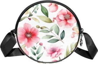Generic Petit sac &agrave; bandouli&egrave;re circulaire pour femme, motif feuilles florales, sac &agrave; dos avec fermeture &eacute;clair, bretelles r&eacute;glables, sac &agrave; main rond d&eacute;contra