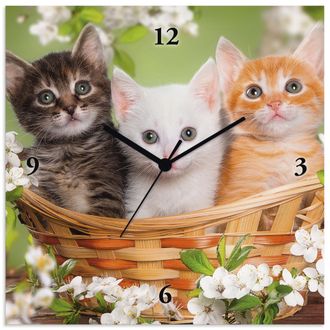 Artland Wanduhr ohne Tickgeräusche Alu Quarzuhr 30x30 cm Quadratisch Lautlos Katze Tiere Katzenbaby Blumen Lustig Mädchen T6BM