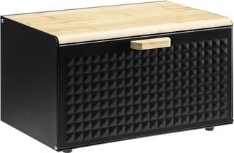 Navaris Bo&icirc;te &agrave; Pain Design - Grande Boite &agrave; Pain Rectangle en M&eacute;tal Noir avec Couvercle en Bambou pour Conservation Baguette Brioche Pain de Mie Patisserie G