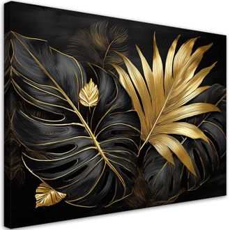 Artgeist Tableau d&eacute;co Noir et or Feuilles de monstera 90x60
