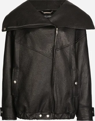 Dolce & Gabbana Oversize-bikerjacke Aus Pflanzlich Gegerbtem Lammleder - Frau Mäntel Und Jacken Schwarz 36