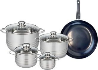 Fackelmann ELO 9718350 Batterie de cuisine 5 pièces, Ensemble de 1 Poêle de cuisson 28 cm et 4 faitouts 12, 16, 20 et 24 cm Elo Prima Brillant, inox, induction