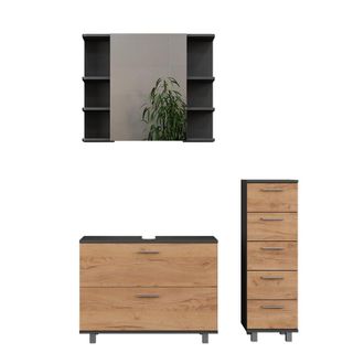 Vicco Badmöbel-Set Goldkraft Eiche/Anthrazit Ilias, bestehend aus Bad Spiegelschrank, Waschbeckenunterschrank, Midischrank - mit Fächern für Flexible Aufbew
