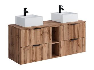 Vente-Unique ZEVARA Hangende badkamerkast geribbeld met nissen en dubbele wastafel om neer te zetten - Natuurlijk licht - L140 cm - ZEVARA