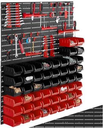 TecTake TecTake &Eacute;tag&egrave;re Murale modulable 56 Bo&icirc;tes de Rangement empilables & Crochets Meuble de Rangement Rangement Atelier Garage Rangement Mural de visserie