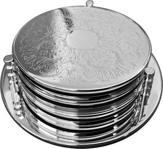 Silberkanne Premium Untersetzer Set 7-TLG - 1 Flaschenuntersetzer & 6 Glasuntersetzer - Versilbert & Edel Poliert inkl. Geschenkbox