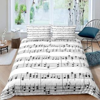 Generic Housse de Couette 140x200 Notes de Musique Parure de Lit 1 Personne Noir et Blanc Imprim&eacute;e 3D Microfibre Douce Musique Housse Couette R&eacute;versible avec 