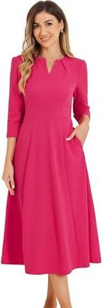 Allegra K Robe trapèze élégante à Manches 3/4 et col en V pour Femmes Rose Vif S