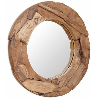 vidaXL Vidaxl - Miroir d&eacute;coratif en teck 80 cm rond - Fabrication artisanale - Couleur marron - Verre de haute qualit&eacute; - D&eacute;coration int&eacute;rieure unique