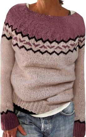 Generic Pull jacquard ample en tricot doux pour femme, pull tendance &agrave; col ras du cou &eacute;l&eacute;gant, confortable et classique, imprim&eacute; islandais, l&eacute;ger &agrave; manches lo