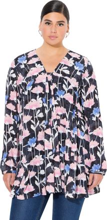 Ulla Popken Damen Bluse, Alloverdruck, A-Linie, Carree-Ausschnitt, Langarm, Marine, 50-52 EU