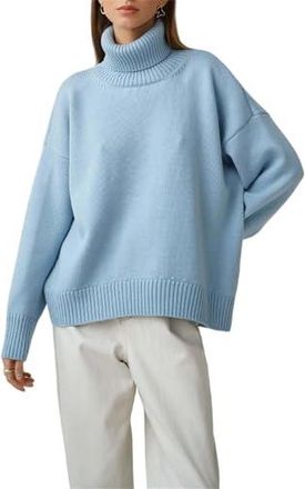 Generic Pull oversize &agrave; col roul&eacute; d&eacute;contract&eacute; et manches longues pour femme - Pull ample en tricot pour lautomne et lhiver, bleu ciel, L