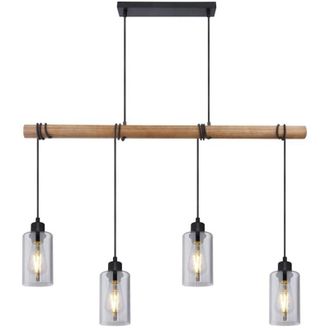 ETC Shop Suspension lampe de salle &agrave; manger en bois suspension lampe suspension en bois lampe suspendue table &agrave; manger, verre fum&eacute;, 4x E27, LxH 98x130 cm