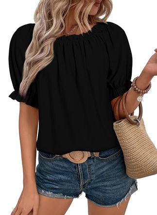 Dokotoo Damen Bluse Sommer Chiffon Tunika Kurzarm Falten Blusenshirt Elegant Rundhals Puff&auml;rmel Oberteile T Shirts Top, schwarz, XL
