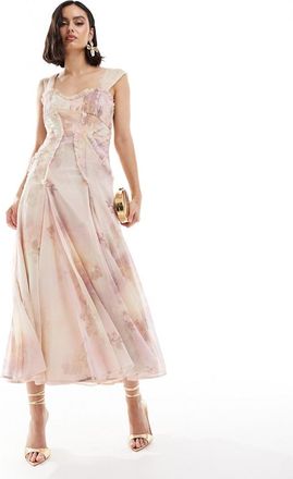 Asos Robe froncée mi-longue à imprimé fleuri doux et bords bruts avec mancherons et détail corset-Multicolore