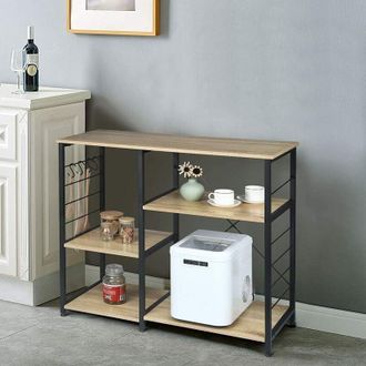 Woltu &Eacute;tag&egrave;re de Cuisine WOLTU, &Eacute;tag&egrave;re de Micro-Ondes en m&eacute;tal et Bois avec 5 Tablettes 90 x 40 x 83, 5 cm, Noir + Ch&ecirc;ne Clair