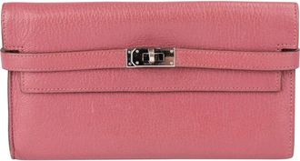 Herm&egrave;s Portemonnaie - Hermes Pink Leather Palladium Leather Kelly Wallet - Gr. unisize - in Rot - f&uuml;r Damen