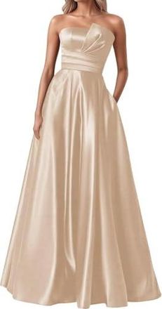 Generic Robe de bal longue sans bretelles en satin pour femme - Robe de soir&eacute;e formelle sans manches, champagne, 58 Grande taille