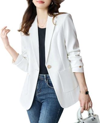 Generic Blazer décontracté pour Femme, Manches Longues, col cranté, Un Bouton, Veste de Bureau avec Poches