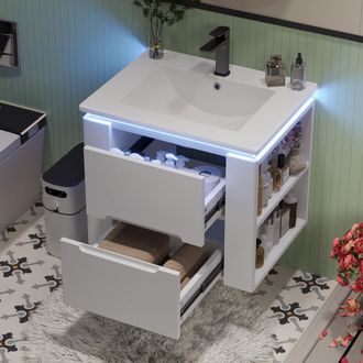 Generic Waschtisch mit Waschbecken Wei&szlig; 61 cm Badm&ouml;bel Set H&auml;ngend LED Sensor Beleuchtung Badezimmerschrank Keramik Volllackiert 2 Softclose Schubladen & Seit