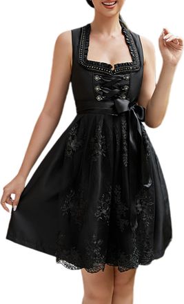 KOJOOIN Damen Dirndl 2tlg. Midi Trachtenkleid Kurz Dirndlkleid mit Dirndlsch&uuml;rze f&uuml;r Oktoberfest Schwarz A(High-End) 38