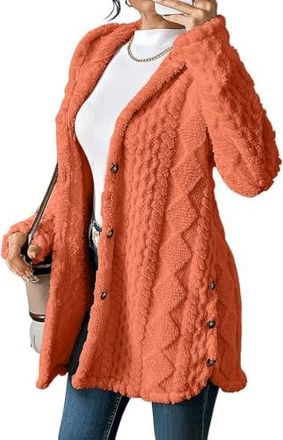 ORANDESIGNE Manteau Polaire Femme Hiver Chaude Chic et Elegant Veste Polaire Doux Ample Veste avec Capuche et Boutons A Orange M