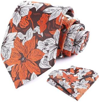 Alizeal Cravate pour homme avec mouchoir floral soyeux pour fête de mariage Ensemble cravate et mouchoir, 159 Orange brûlé + blanc, taille unique