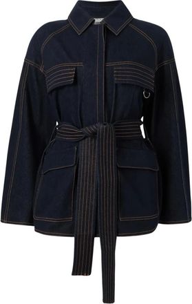 Max Mara Femme, Vestes, Bleu, Taille: 44 FR Veste en jean avec poches &agrave; rabat et ceinture &agrave; nouer