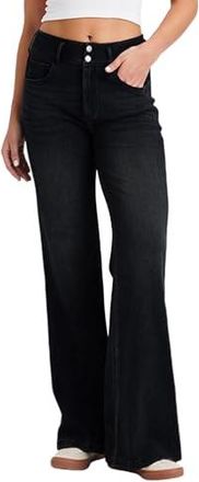 Minetom Jean Femme Taille Haute Coupe Droite Straight Mode Baggy Jambes Large Pantalon en Denim avec Poches A Noir L